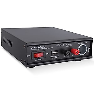 Pyramid Universal Compact Bench Power Supply- 12Amp Variable Linear Regulated Home Lab Benchtop AC-DC Power Converter - USB Port,Cigarette Lighter,115/230V AC,Screw Terminal,Cooling Fan - PSV150,Black