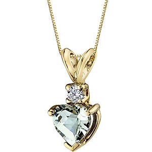 PEORA Green Amethyst with Genuine Diamond Pendant in 14 Karat Yellow Gold, Heart Shape Solitaire, 6mm