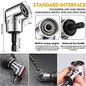 Flexible Drill Bit Extension Set, 105° Right Angle Drill Attachment, 1/4 3/8 1/2" Hex Shank Impact Driver Socket Adapter Rotatable Socket, Bendable Drill Bit Extension and Screwdriver Bit Kit
