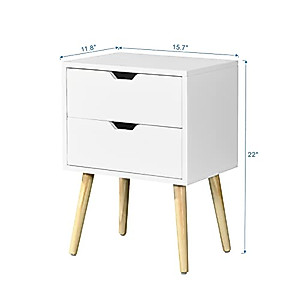 MACHOME NightStand, Bedside 2 Drawers and Rubber Wood Legs, Mid-Century Modern Storage Cabinet, End Side Table, for Bedroom Living Room Furniture, White
