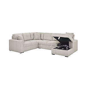 RENDGO 122“ Oversized Sectional Sleeper Sofa with PullOut Bed, U Shape Sectional Couch with Storage Chaise Lounge for Apartment Living Room, 6 Seat Corduroy Sofa with USB Port, Khaki