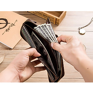 BULLCAPTAIN Mens Genuine Leather Zipper Wallet RFID Blocking Bifold Zip Around Multi Credit Card Holder,Big (brown)