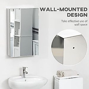 kleankin Wall-Mounted Medicine Cabinet with Mirror, Bathroom Mirror Cabinet Wall Mounted with Hinged Door, Storage Shelves for Living Room and Laundry Room, Silver