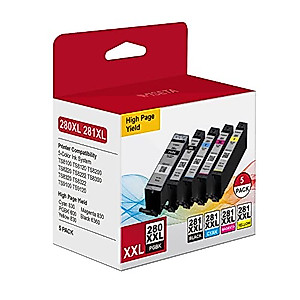 PGI-280XXL CLI-281XXL 5-Color Value Pack Compatible Ink Cartridge Replacement for Canon PGI-280 CLI-281 XXL High Yield to use with PIXMA TR7500 TR7520 TR8500 TR8520 TR8620 TS6120 TS6220 TS9120