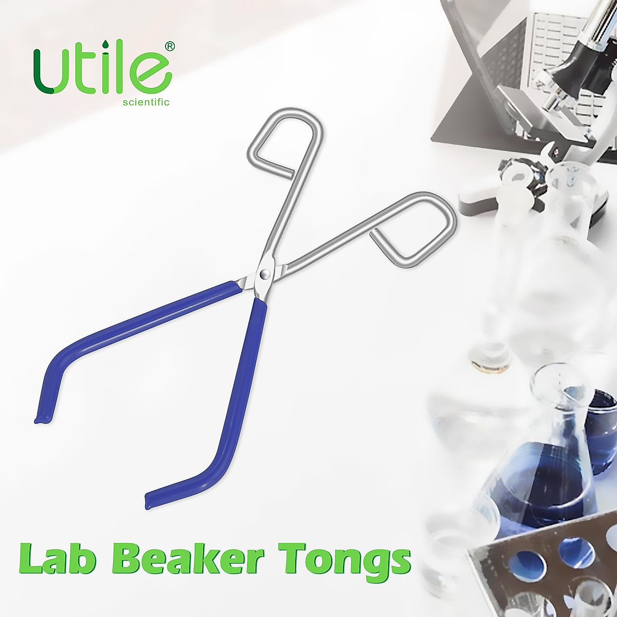 Utile Lab Beaker Tongs, Made of Mild Steel, with Chrome Plated Surface and Blue PVC Overmolding Cover, Laboratory Clamps for 50ML-2000ML Beakers, 4030.0903.1