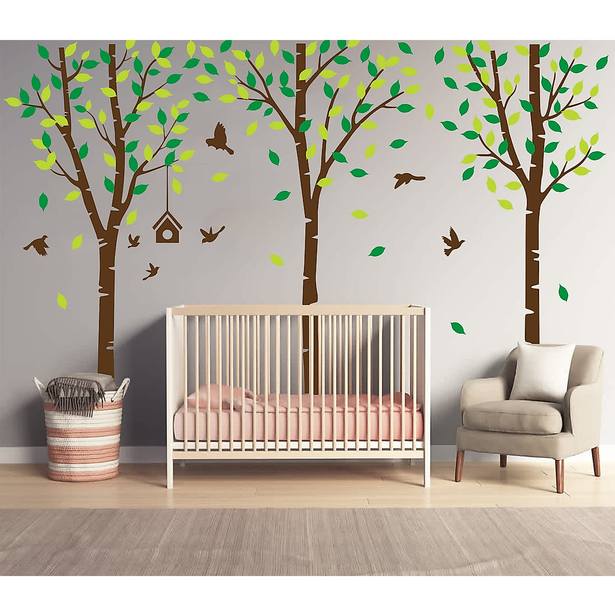 128 x 82inch Giant Jungle Forest Tree Wall Decals Birds Wall Stickers Green Leaves Wall Murals Decor for Kids Bedroom Nursery Living Room Office Home Decoration (Brown)