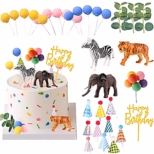 Safari Animal Cake Toppers with Mini Birthday Party Hat Color Balls Cake Decorations for Jungle Wild Themed Baby Shower Birthday Party Supplies