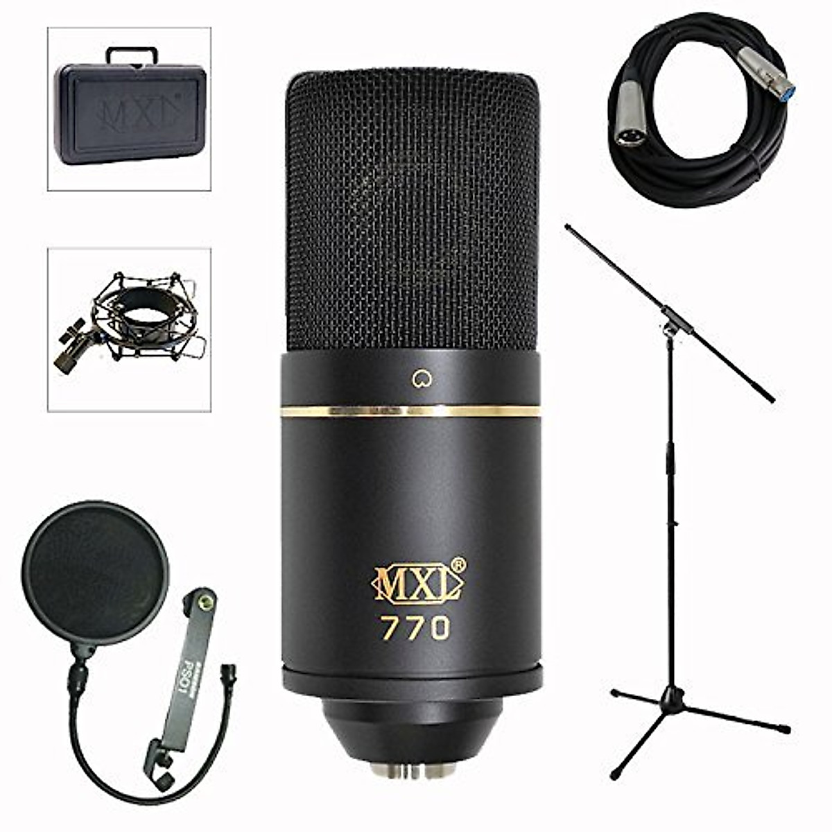 MXL 770 Professional Studio Condenser Mic + Mic Stand + Pop Filter + XLR Cable Bundle