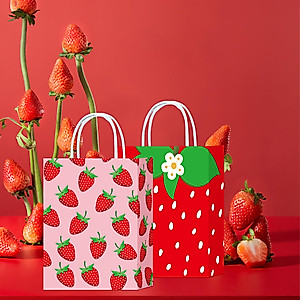 Hitkmi 16 Pcs Strawberry Gift Bags Small Strawberry Paper Goodie Bags with Handles for Birthday Party Berry Sweet Party Favor Bags Snack Candy Bags Decoration Supplies (Pink)
