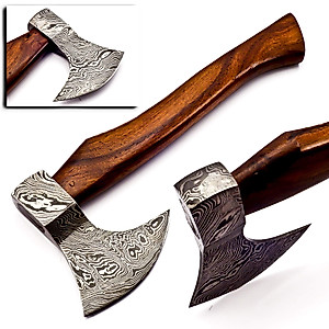 Skokie Knives Custom Damascus Steel Axes Hatchet Head Rose Wood Handle -Handmade Premium Quality Edge Fixed Blade – For Multipurpose–Ideal for Survival Hunting Camping Hiking Outdoor Every Day Carry