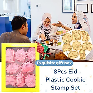 Crethinkaty Eid Mubarak Cookie Cutters-8 Pieces Pressable Eid Mubarak Biscuit Cutters Set-3D Eid Element Cookie Stamps.