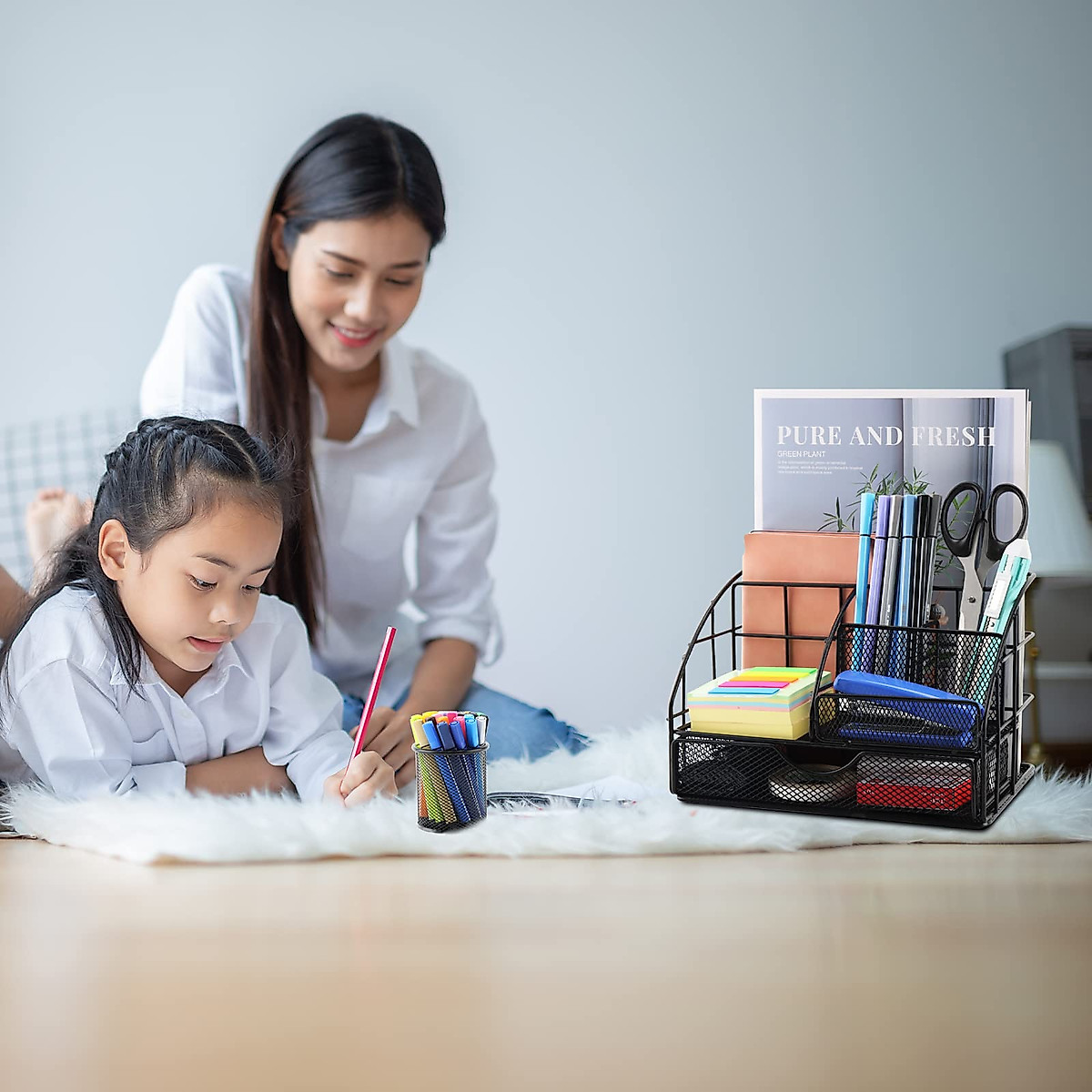 vedett Office Desk Organizer with 6 Compartments + Pen Holder / 72 Accessories, Desk Accessories Organizers for Office, Home, School (Black)