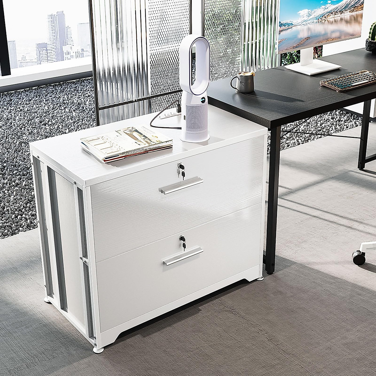 AODK File Cabinet with Charging Station Filing Cabinet for Home Office, Large File Cabinets with Lock, Office Storage Cabinet 2 Drawer for Legal/Letter/A4 File, White