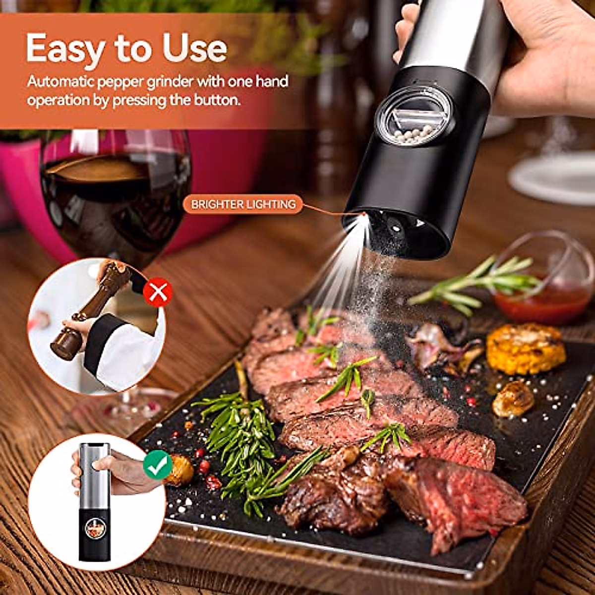 HOMCYTOP Electric Salt and Pepper Grinder Set W/USB Rechargeable Base, No Battery Needed, One Handed Operation, Automatic Powered Spice Mill Shakers Refillable, Adjustable Coarseness, LED Light