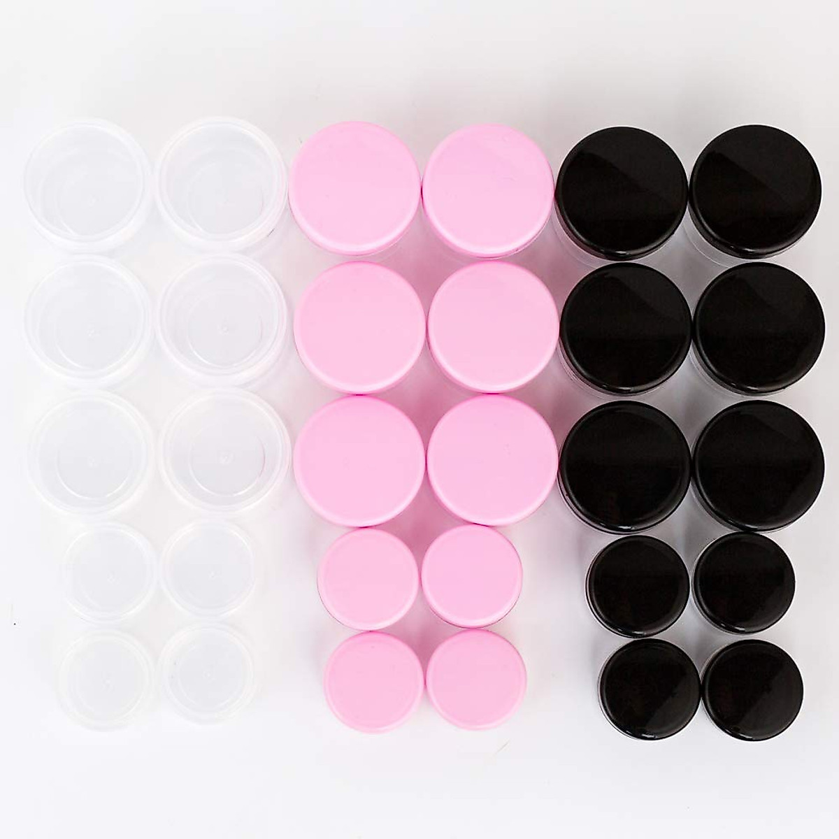 ZEJIA 30pcs Small Travel Containers, Sample Containers with Screw Lids, 5 Size 3/5/10/15/20 Gram Sample Jars, Makeup Small Travel Jars, with Labels and Mini Spatulas