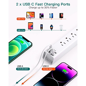 Power Strip Surge Protector with USB C - Flat Plug Extension Cord with 6 AC Outlets 4 USB (2 USB C), Wall Mount, 5ft, 900 J, Multi Plug Outlet Extender for Home Office Dorm Room Essentials