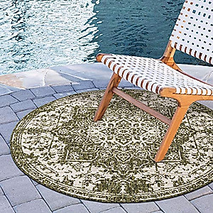 Unique Loom Outdoor Collection Area Rug - Dubai (4' 1' Round, Green/ Ivory)