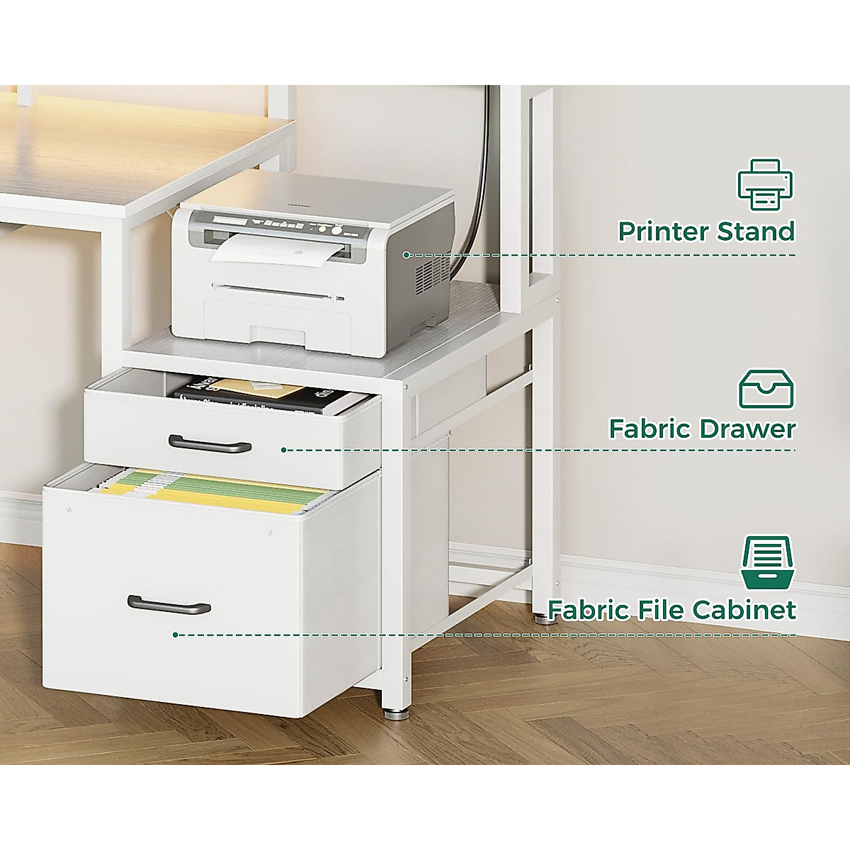 AODK 55" Computer Desk with Fabric File Cabinet and Drawer, Reversible Office Desk with Power Outlet and LED Light, Study Desk with Printer Stand, Keyboard Tray, Full Monitor Riser and PC Stand, White