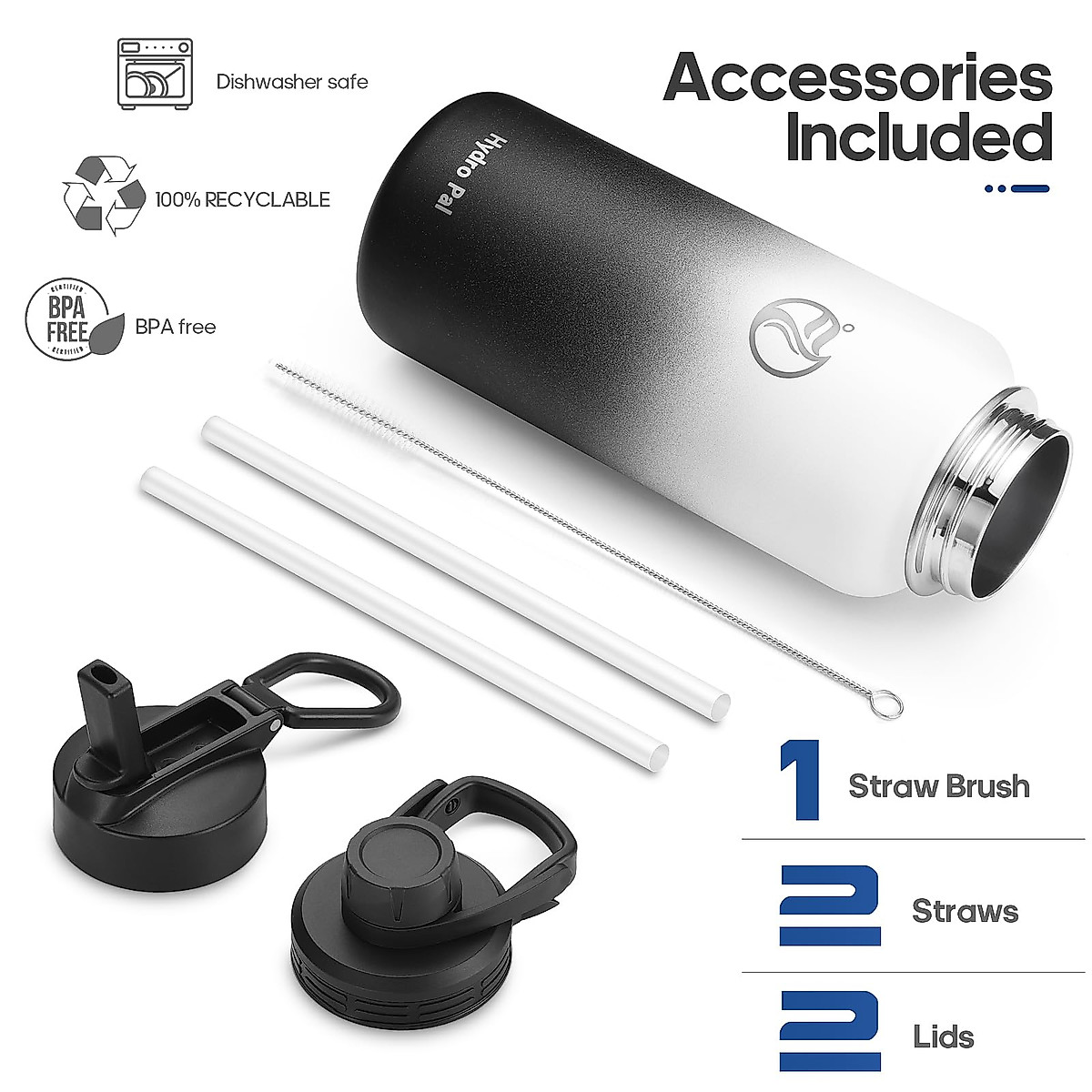 32 Insulated Water Bottles with 2 Leak Proof Lids(Spout Lid and Straw Lid), Wide Mouth Sport Water Bottle with Straw, Stainless Steel Powder-Coated Water Flask, Double Walled Vacuum Thermos