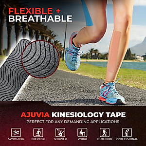 AJUVIA Professional Kinesiology Tape Roll, Premium Synthetic Kt Tape (2 Rolls, 10% Bonus, 40 + 4 Strips Precut) Lasts up to 14 Days, K Tape Precut Strips, Sports Tape Athletic