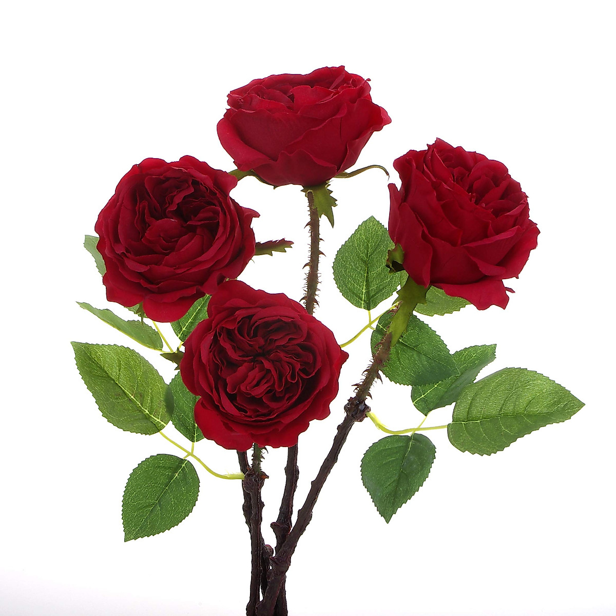 Final Sale-Extra-Realistic & Large Artificial Silk Garden Rose Flowers | Faux Peony Stems | Set of 4 | Red