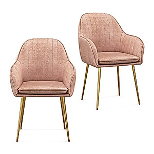 Giantex Modern Dining Chairs Set of 2 - Upholstered Arm Dining Chair with Steel Legs, Thick Sponge Seat, Non-Slipping Pads, Modern Leisure Chair for Dining Room, Living Room, Bedroom, Pink