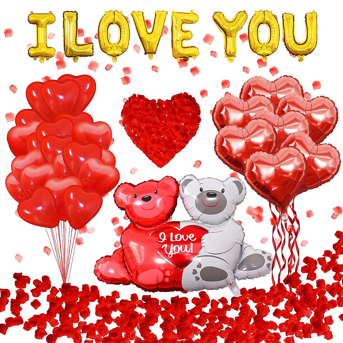 Tayuvira I Love You Balloons And Red Heart Balloons Set ，Heart Balloons Kit With 1000 Pcs Dark-Red Silk Rose .I Love You Decoration For Anniversary Confession Proposal Wedding Valentine Day