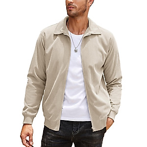 COOFANDY Men's Casual Corduroy Lightweight Jacket Cream Collared Bomber Jacket