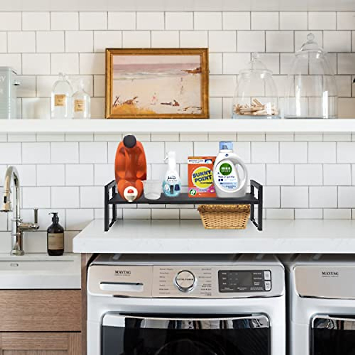 SunnyPoint Expandable Cabinet Storage Rack - Tabletop Storage Spice Shelf Organizer Rack (M - 15.1"~25.78" W X 7.87" D X 8.46" H, BLACK)