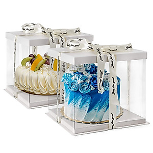 HOYA PONYOO Clear Cake Box, 2-Pack Cake Carrier Container 10" X 10" X 9" with Ribbon Transparent Boxes with Lid Gift Package for Birthday Wedding Party, White