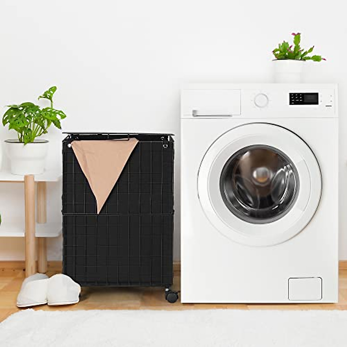 ELYKEN Laundry Hamper with Lid and Wheel, Rolling Metal Wire Frame Dirty Clothes Basket for Small Bathroom, 61L Capacity Liner Bag with Handle, Heavy Duty Steel Cover Bedroom Organizer Black