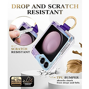 Vowodu Marble Case for Samsung Galaxy Z Flip 5 Case with Ring, [Precise Camera Protection]+[1*Screen Protector], Wireless Charging Anti-Scratch Shockproof Case for Z Flip 5 5G (Blue Purple)