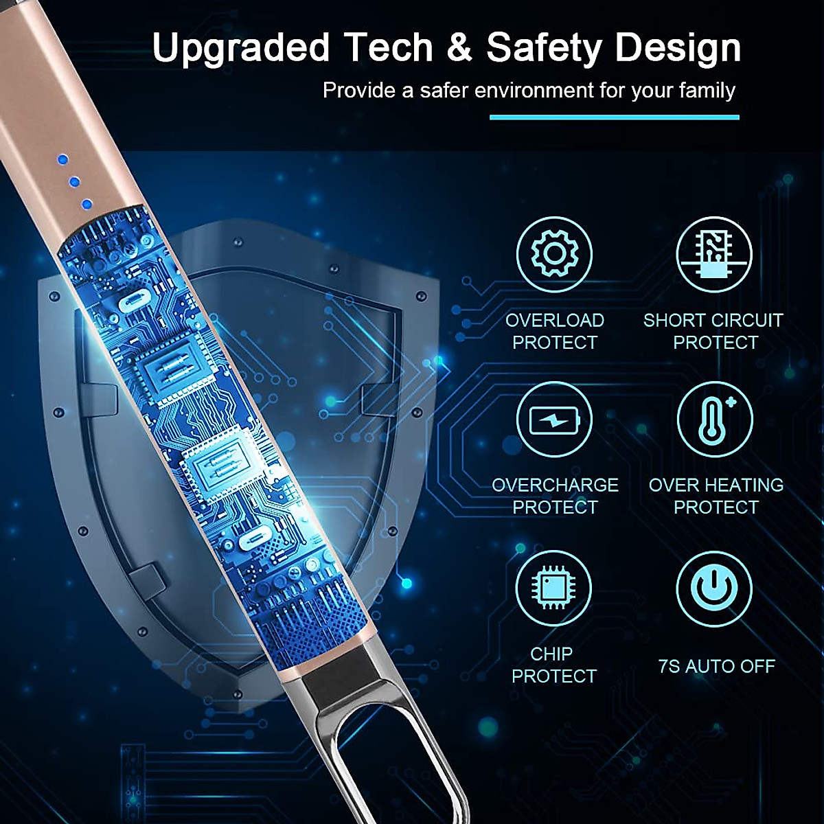 SUPRUS Candle Lighter Electric Arc Lighter Windproof Flameless USB Rechargeable Lighter with LED Light for Candle Camping BBQ Cooking (Champagne Gold)