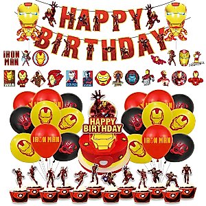 86 Pcs Birthday Party Decorations, Birthday Party Supplies For Iron Man Includes The Iron Man Inspired Happy Birthday Banner - Cake Topper - 12 Cupcake Toppers - 20 Balloons - 52 Sticker