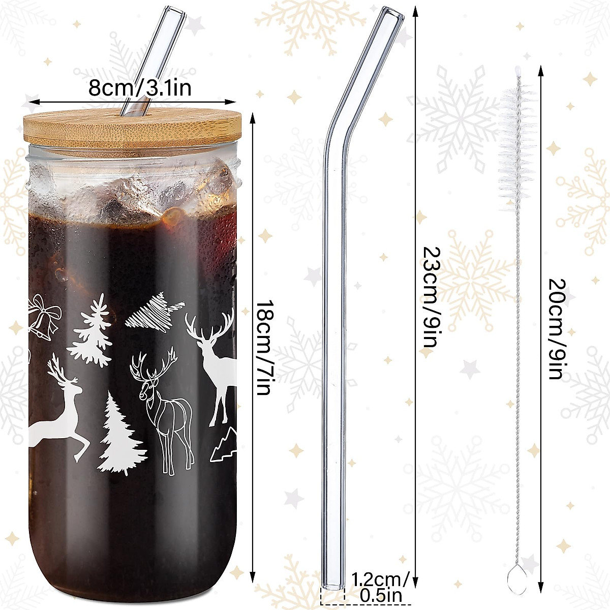 Zhehao 6 Pack Christmas Glass Cups 24 oz Christmas Mason Jars with Lids and Straws Christmas Tumbler Drinking Glasses Beer Can Shaped Coffee Cups for Wine Tea Water Xmas Decorations Gift