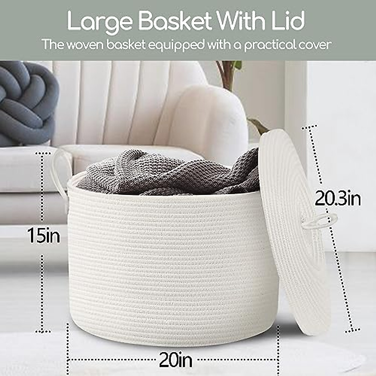 MEGASKET White Baskets for Organizing, 20" X 20" X 15" Large Storage Basket with Lid, Nursery Tall Baby Wicker Laundry Basket Hamper with Lid, White Blanket Toy Woven Rope Storage Basket Living Room