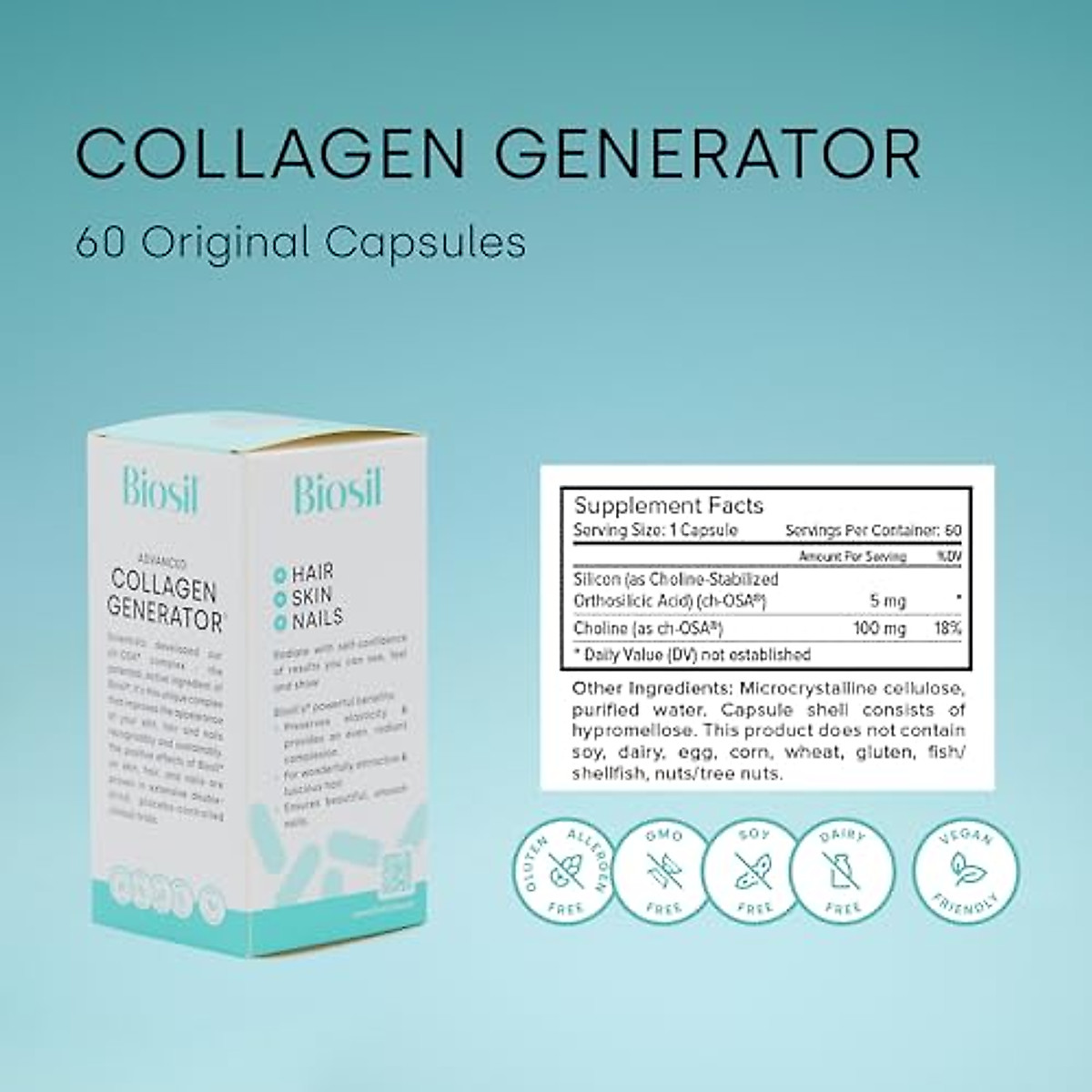 Biosil Collagen Generator - 60 Original Capsules, Pack of 2 - with Patented ch-OSA Complex - Generates & Protects Your Own Collagen - GMO Free - 60-Day Supply