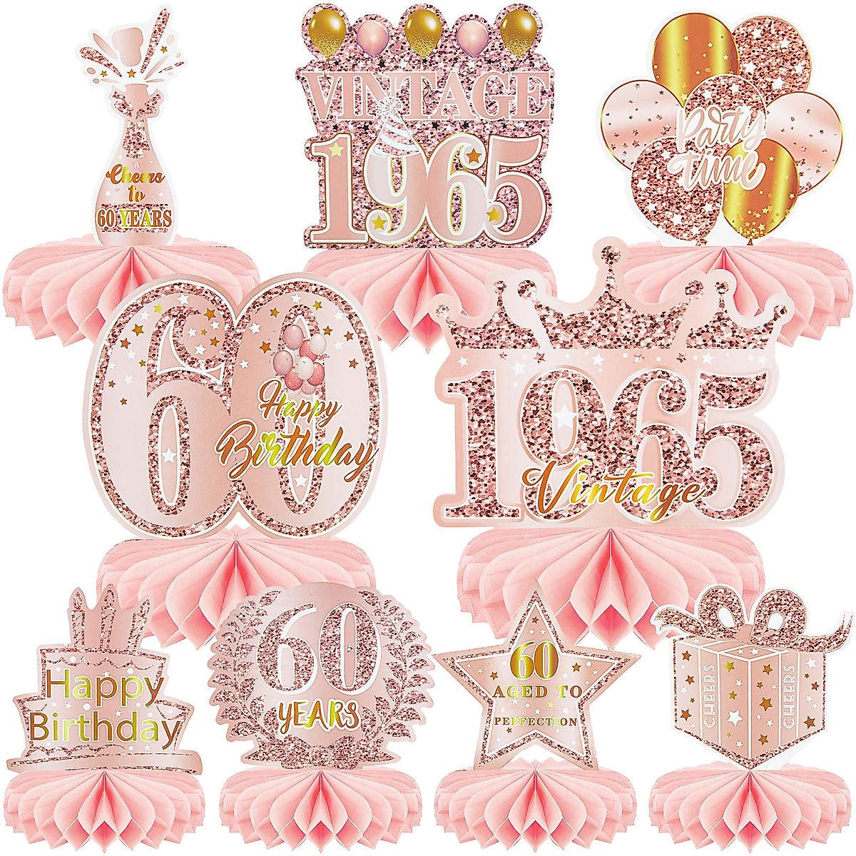 9 Pcs 60th Birthday Decoration for Women Happy 60th Birthday Table Honeycomb Decorations Rose Gold Pink Centerpieces Tables Toppers1965 Decor Cheers to 60 Years Old Birthday Party Favors