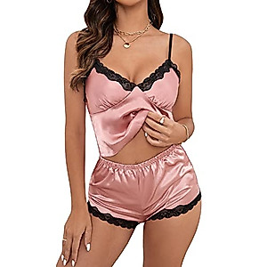 SOLY HUX Women's Lace Trim Satin Sleepwear Cami Top and Shorts Lounge Pajama Set Dusty Pink M