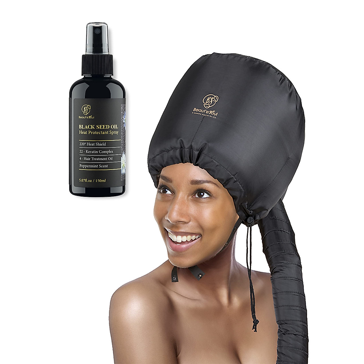 BEAUT'E SEOUL Hooded Hair Dryer Attachment and Black Seed & Argan Oil Spray Set - Soft Adjustable Large hooded bonnet & Keratin Hair Treatment Leave in Conditioner Spray 5oz