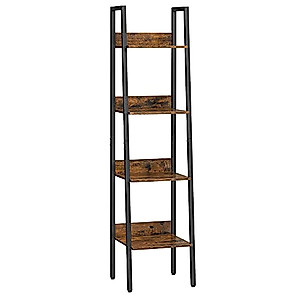 VASAGLE Bookshelf, 4-Tier Ladder Shelf, Freestanding Storage Shelves, for Home Office Living Room Bedroom Kitchen, Steel Frame, Simple Assembly, Industrial, Rustic Brown and Black ULLS108B01