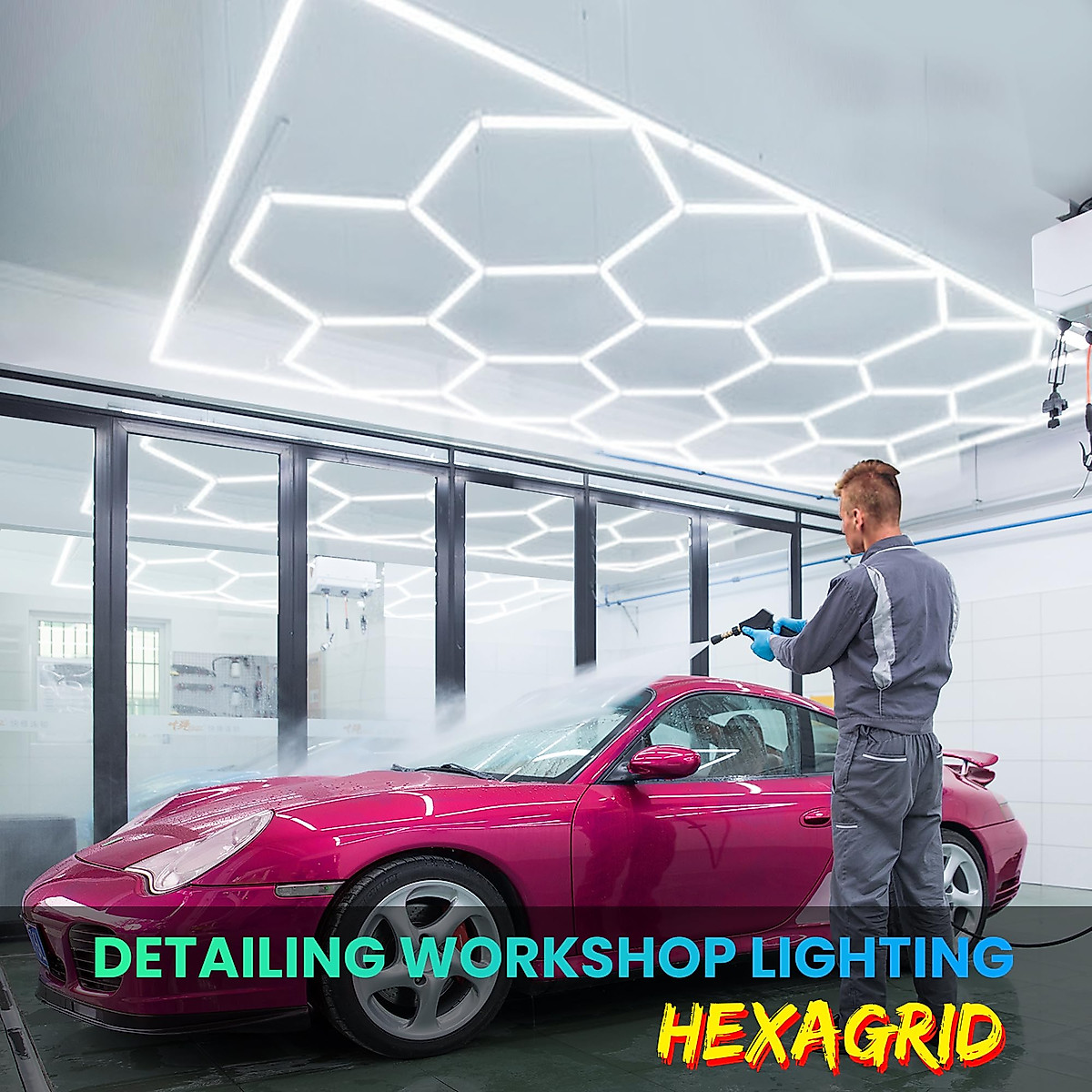 GOSLARLIT Led Garage Hexagon Light,15 Hexagon Garage Ceiling Led Lights for Gym/Workshop with Rectangle Frame, IP54 2 Year Warranty AC 100-240V(15.88 fts