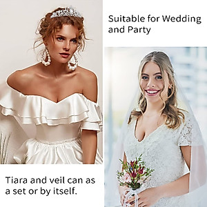 Didder Tiara and Lace Bridal Veil, Crown Wedding Veils and Headpieces for Women, White Veils for Brides Tiaras for Women Bachelorette Veil Ribbon Edge With Comb for Wedding Party