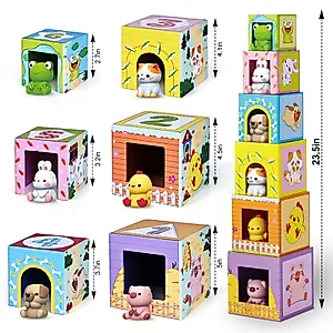ShyLizard Toddler Farm Animal Sorting and Stacking Toys, Nesting Boxes and Blocks With Finger Puppets - Gifts for 1-3 Year Olds