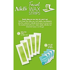 Nad's Facial Wax Strips - Hypoallergenic All Skin Types - Facial Hair Removal For Women - At Home Waxing Kit with 20 Face Wax Strips + 4 Calming Oil Wipes + Skin Protection Powder