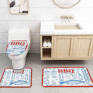 BBQ Party 4 Pcs Shower Curtain Set, 66" x 72" Waterproof Shower Curtains with 12 Hooks, Blue Lines BBQ Fish Hamburger Orange Lace Bathroom Sets with Shower Curtain and Rugs