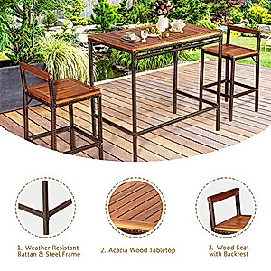HAPPYGRILL 3-Pieces Outdoor Wicker Rattan Bar Set, Acacia Wood Patio Dining Furniture Set with 2 Chairs for Poolside Backyard Patio Balcony