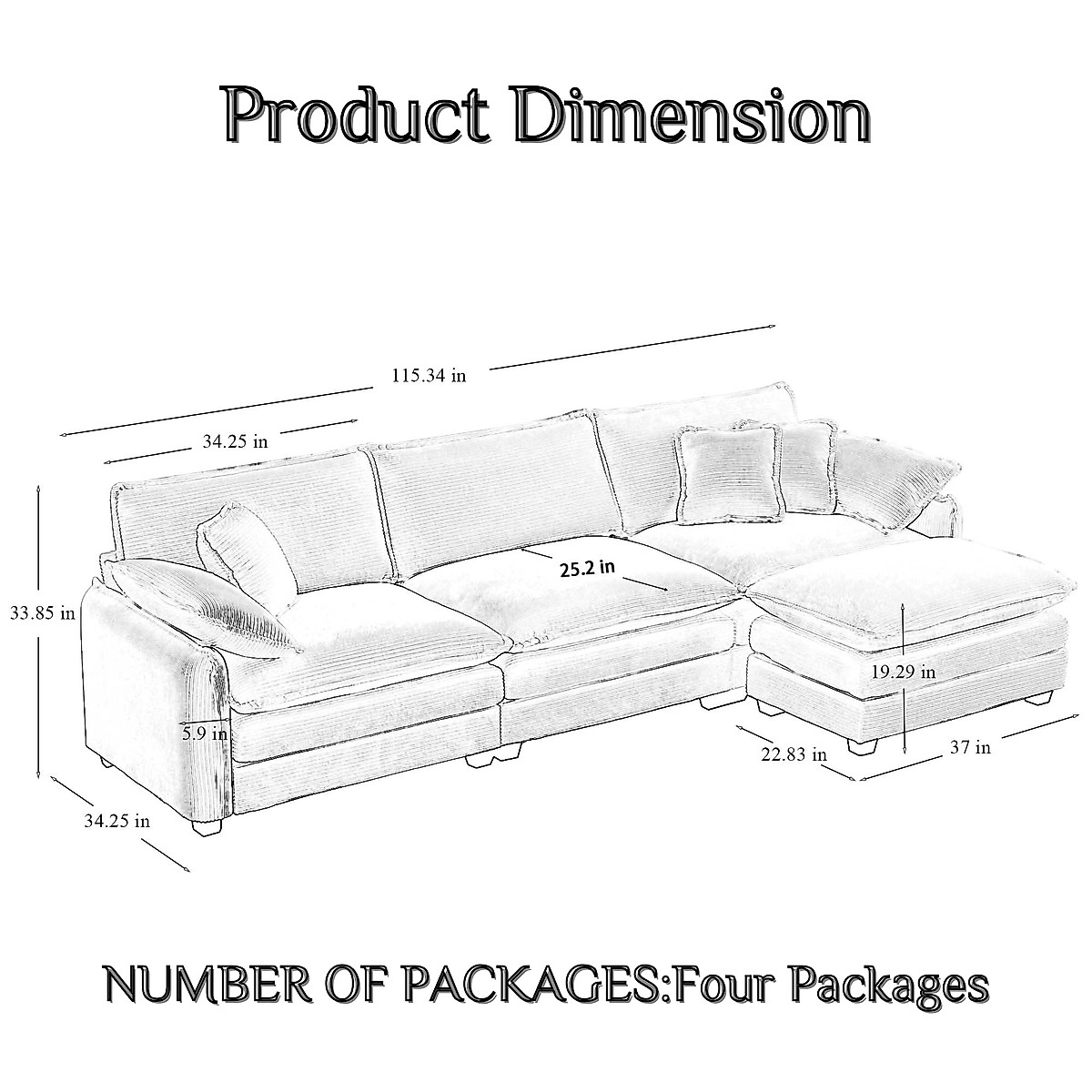 115" Modular Sectional Sofa,L Shaped Sectional Couches for Living Room,3-Seater Corduroy Upholstered Cloud Couches with Movable Ottoman and Deep Seats