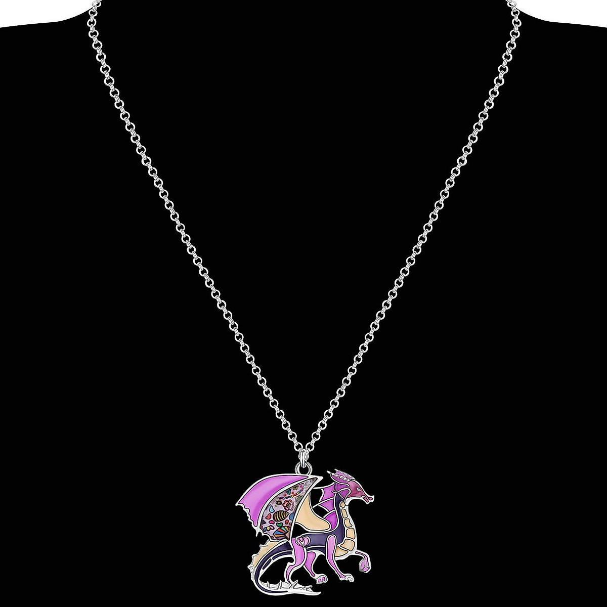 BONSNY Enamel Fantasy Dragon Dinosaur Necklaces Pendant for Women Jewelry Lucky Symbol (Purple)