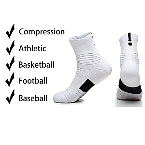 Yoknatt White Performance Ankle Athletic Socks Elite Youth Basketball Socks for Mens Womens Boys Crew Socks Cushioned Sports Running Cycling Compression Socks 4 Pack